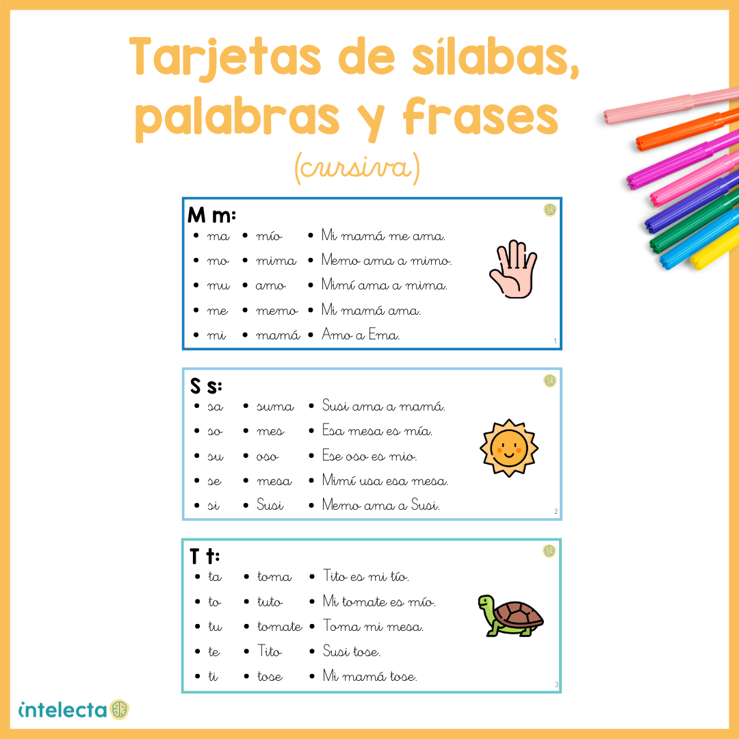 Tarjetas de sílabas, palabras y frases (cursiva) – Intelecta